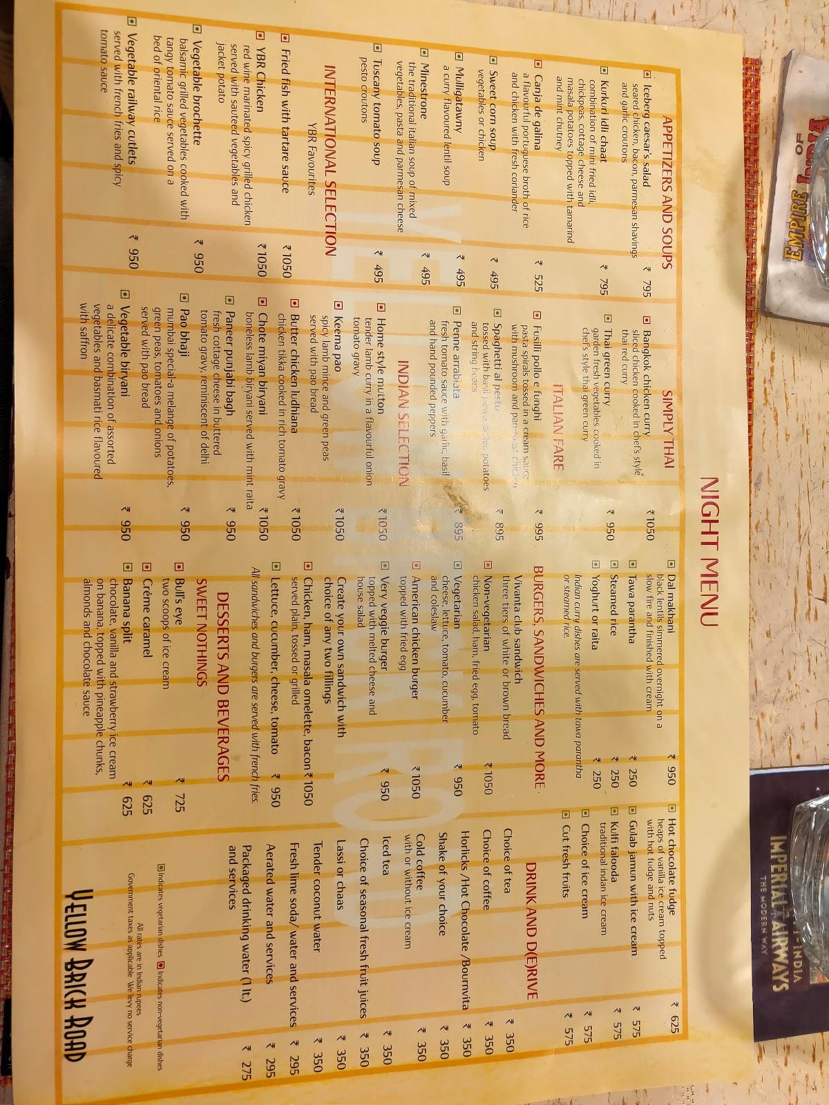 Menu at Yellow Brick Road, Delhi, Subramania Bharti Marg