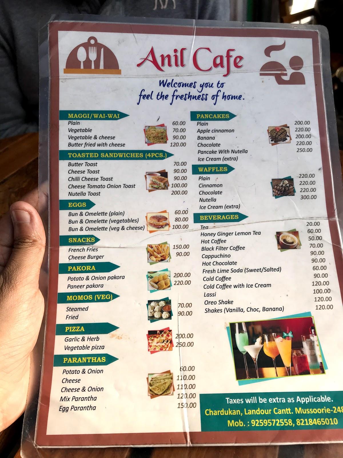 Menu at Anil's Cafe, Mussoorie