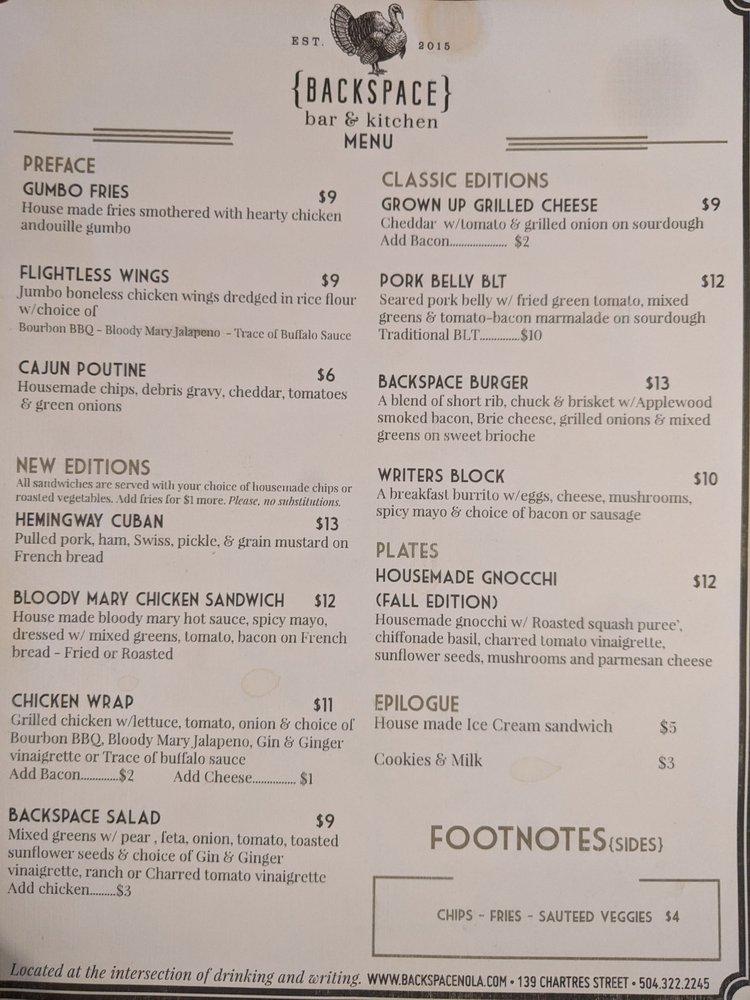 Menu at Backspace Bar & Kitchen, New Orleans