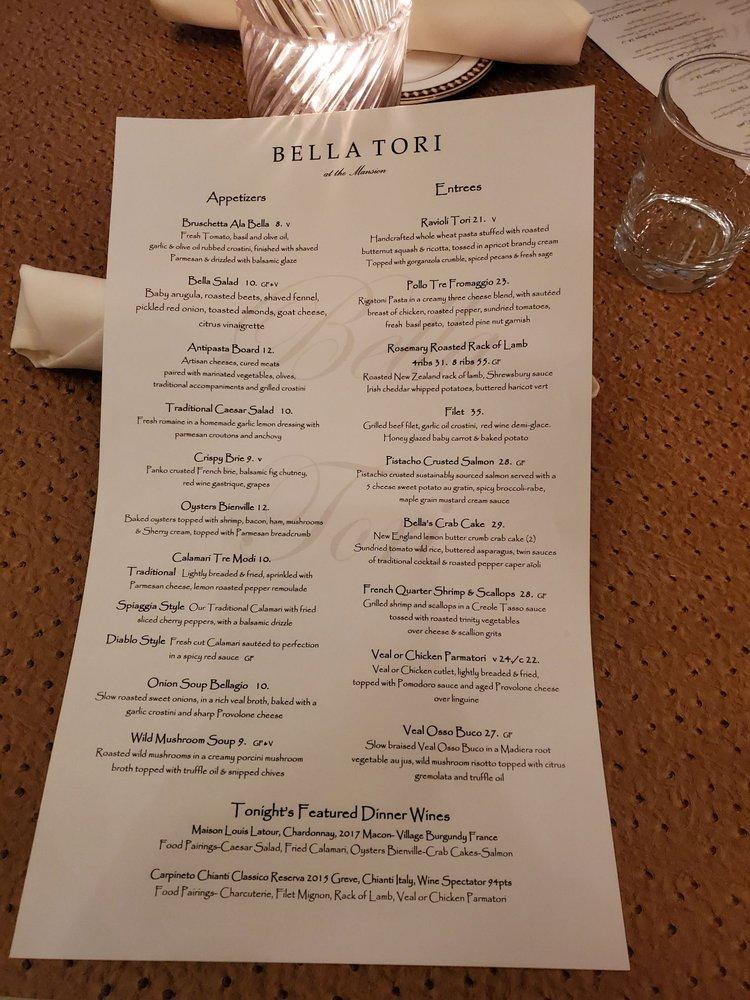 Menu at Bella Tori at the Mansion restaurant, Langhorne