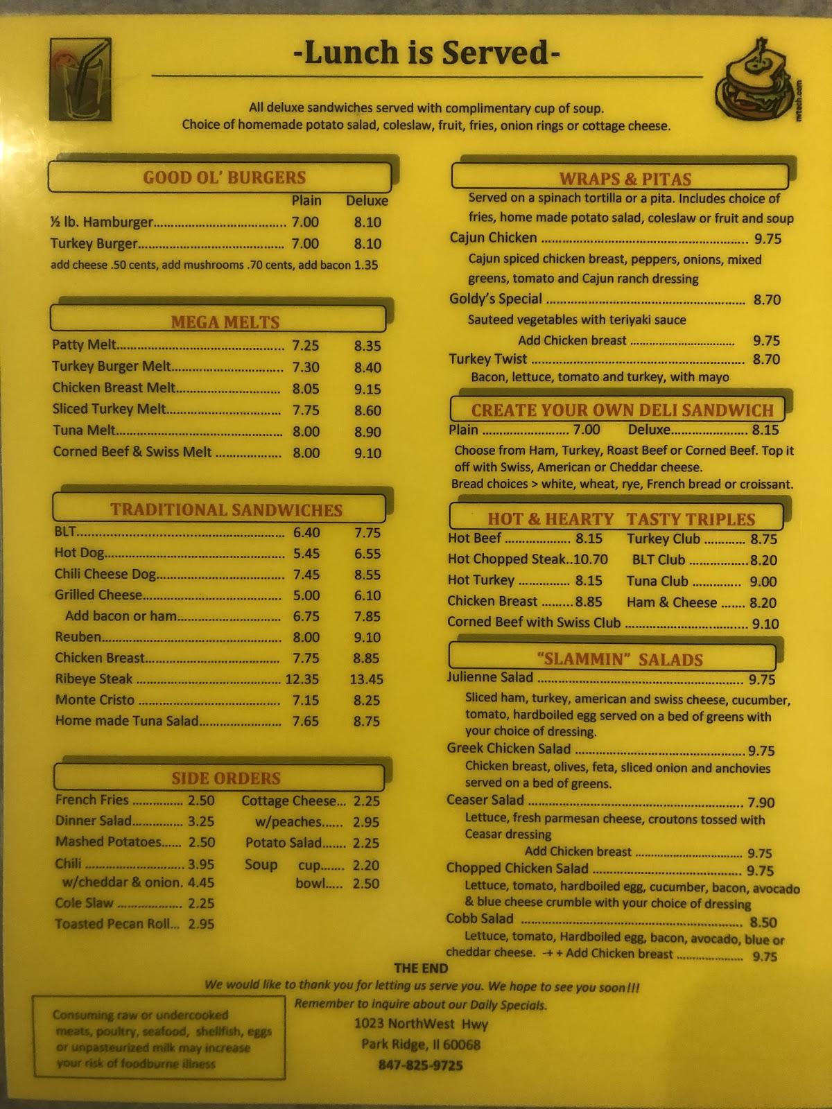 Menu at Goldy's Grill cafe, Park Ridge