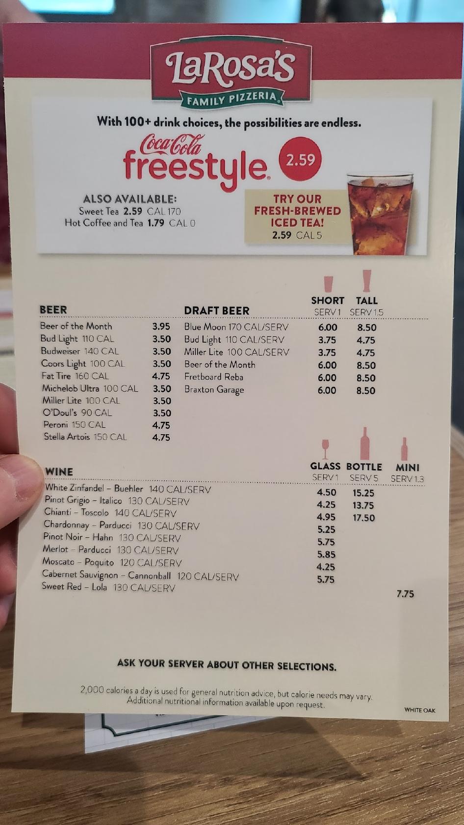 Menu at LaRosa's Pizza White Oak pizzeria, Cincinnati, Cheviot Rd