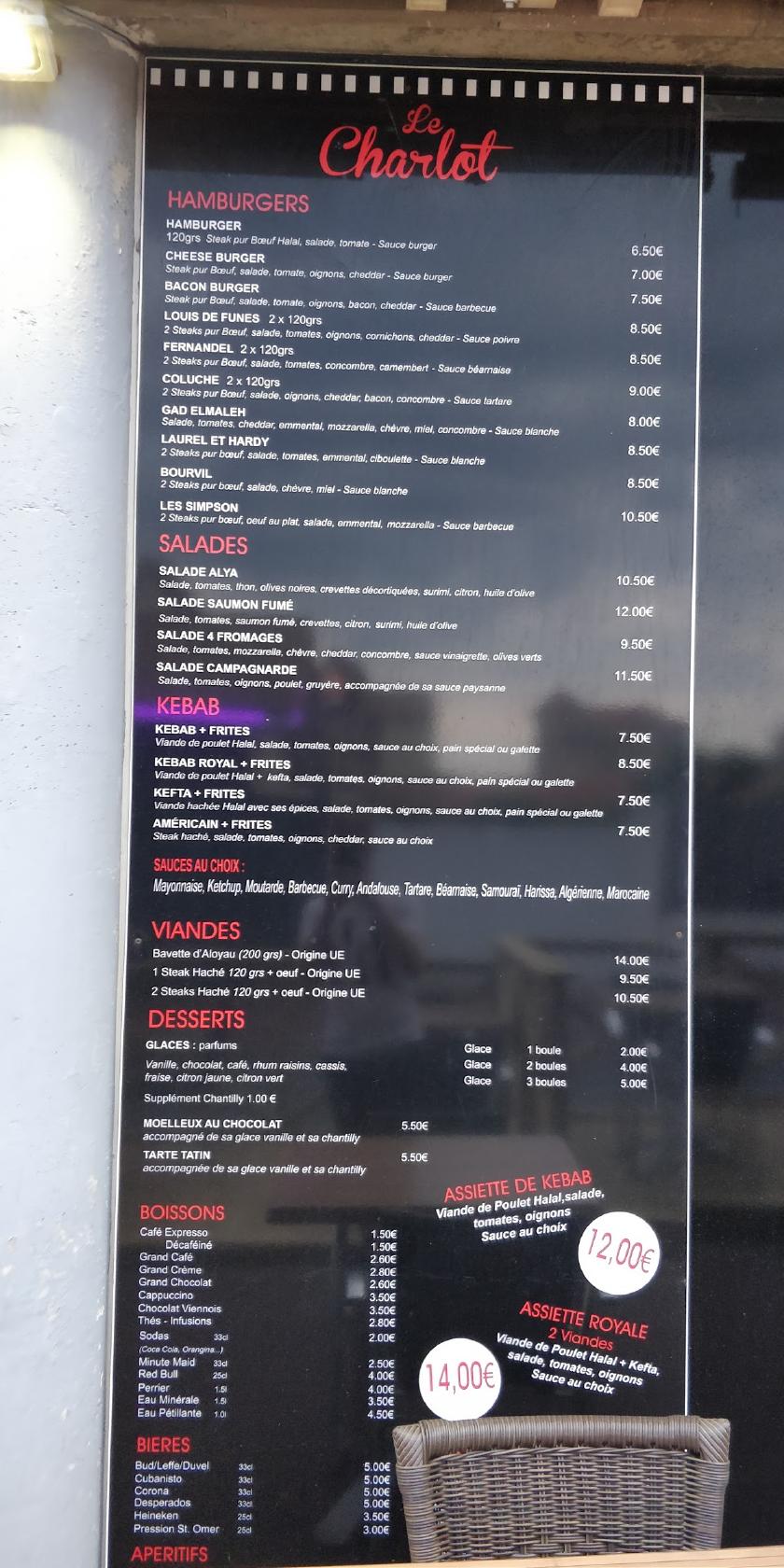 Menu at Le Charlot restaurant, Lacanau