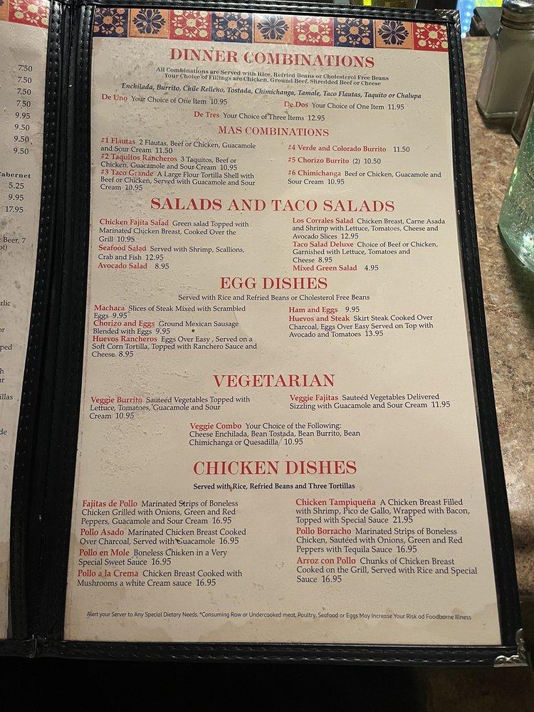 Menu at Los Corrales restaurant, Pinetop-Lakeside