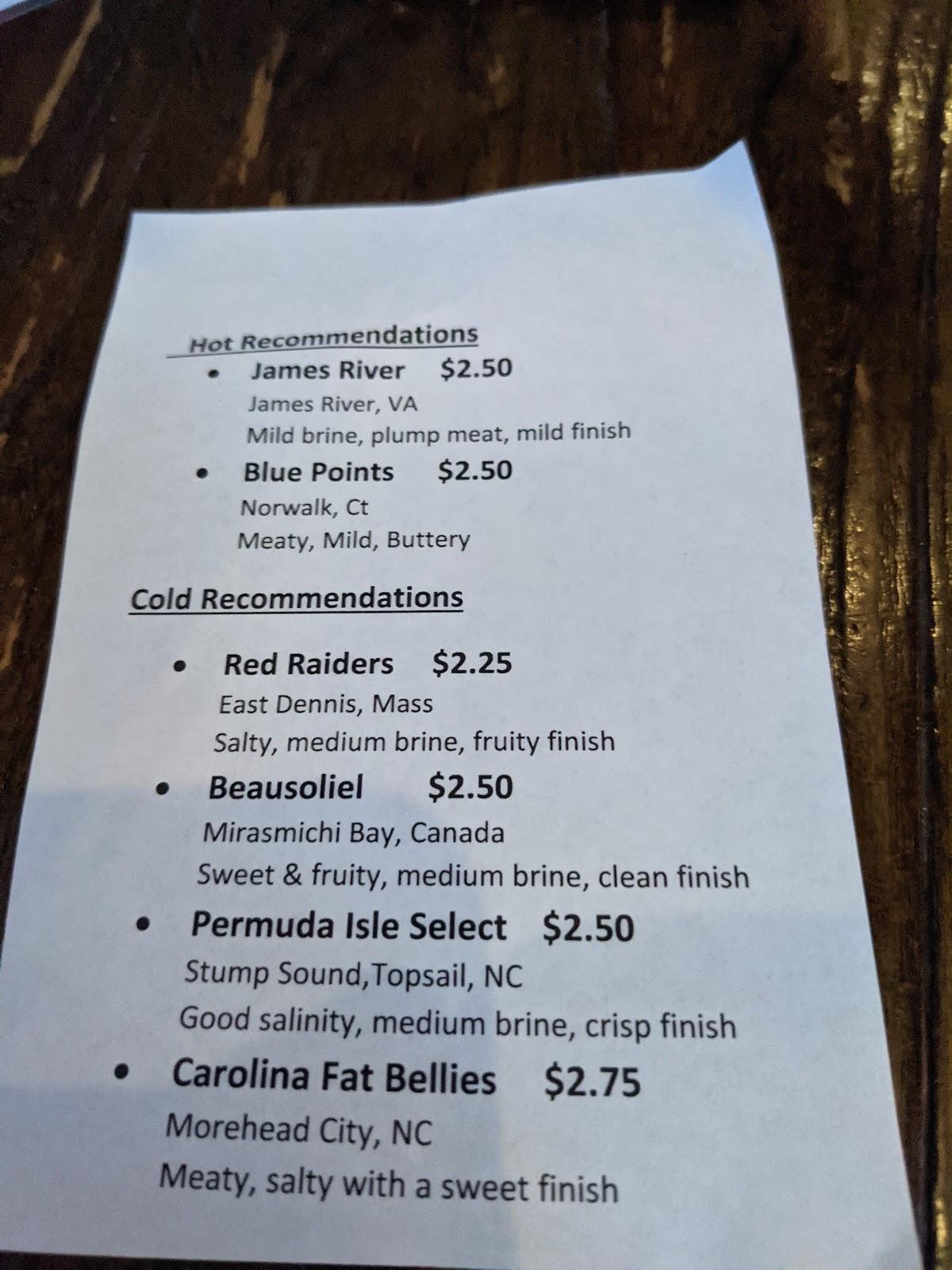 Menu at Moore Street Oyster Bar, Southport