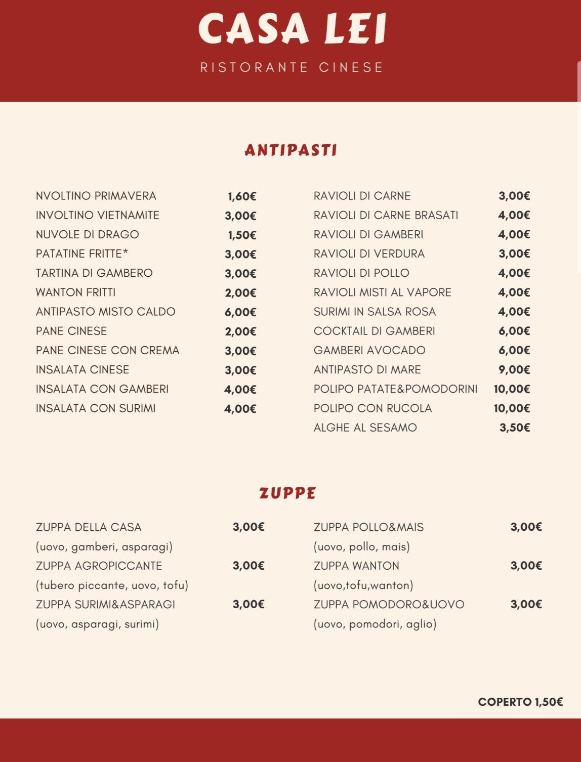 Menu da Ristorante Casa Lei "cucina Cinese", Moncalieri