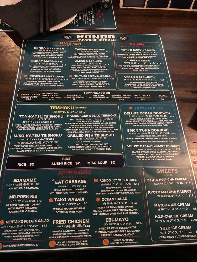 Menu at Rondo Japanese Kitchen restaurant, Seattle