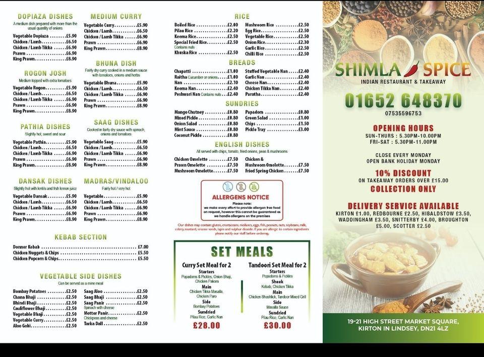 Menu at Shimla spice indian restaurant and takeaway, Kirton in Lindsey