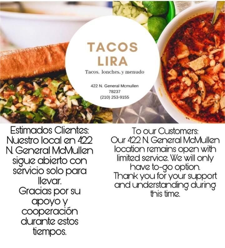 Menu at Tacos Lira San Antonio restaurant, San Antonio, 422 N General ...