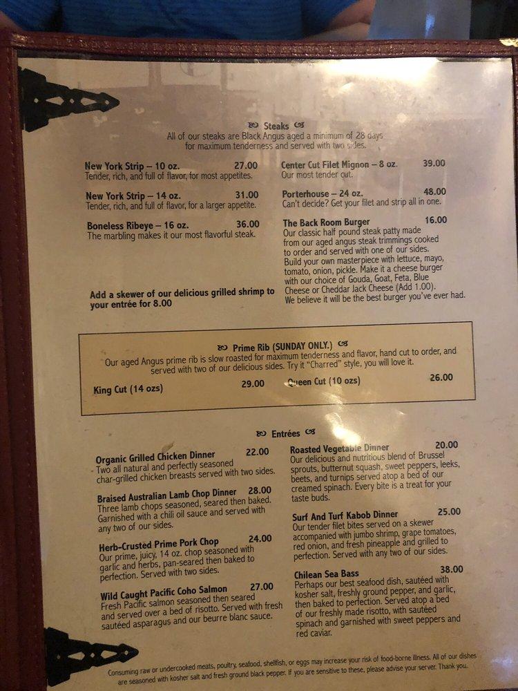 Menu at The Back Room Steakhouse, Apopka