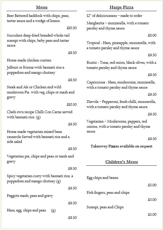 Menu at The Harp Inn pub & bar, England, Glasbury