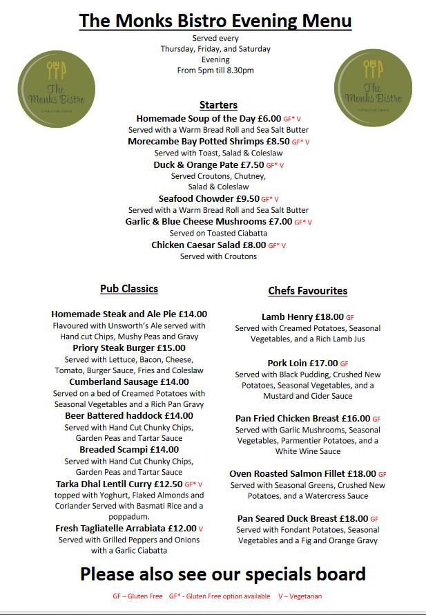 Menu at The Monks Bistro restaurant, Grange-over-Sands