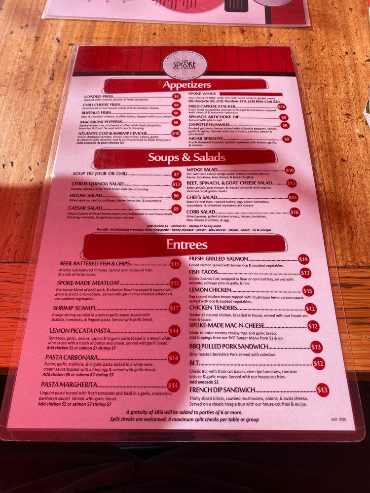 Menu at The Spoke on Center restaurant, Moab