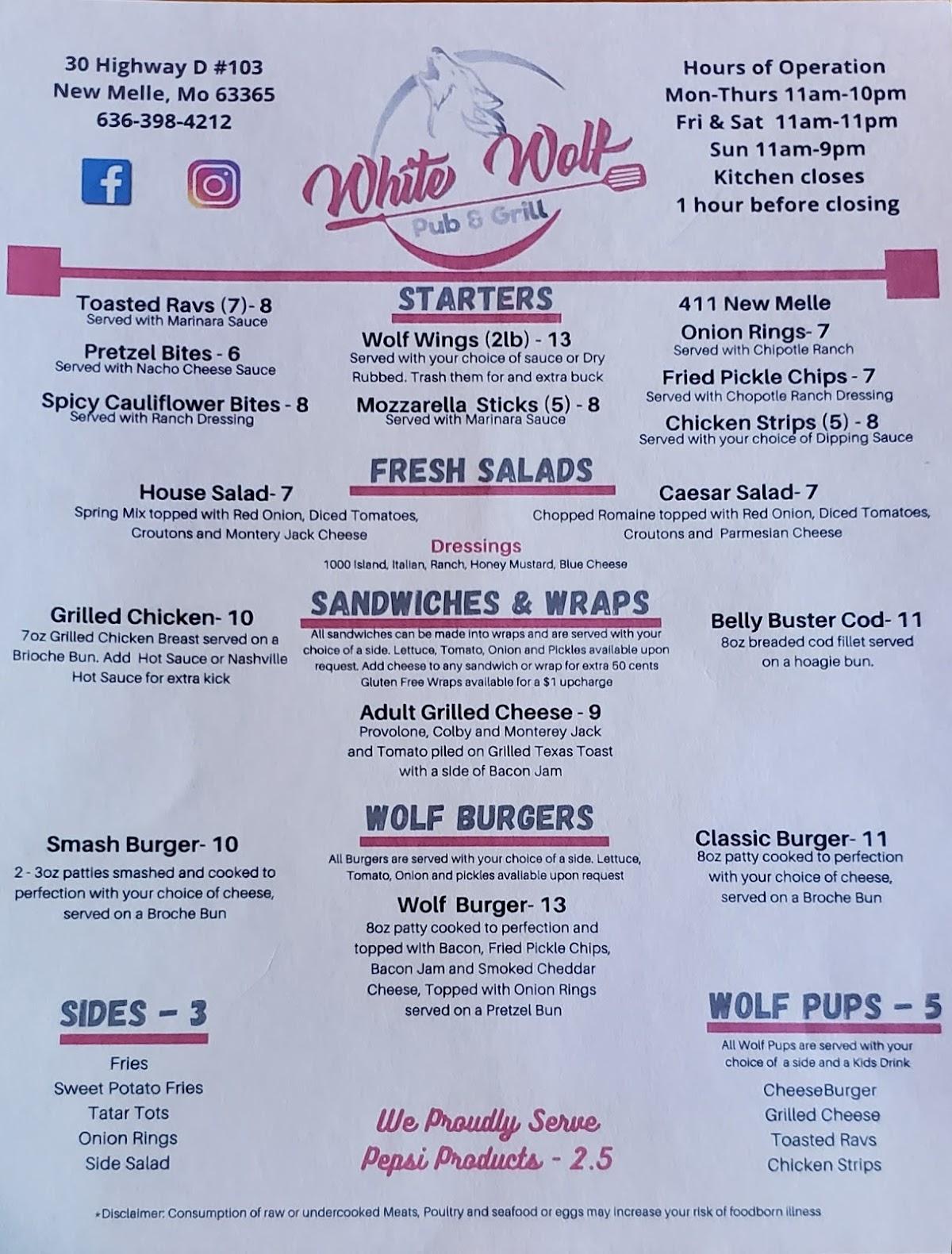 Menu at White Wolf Pub and Grill, New Melle