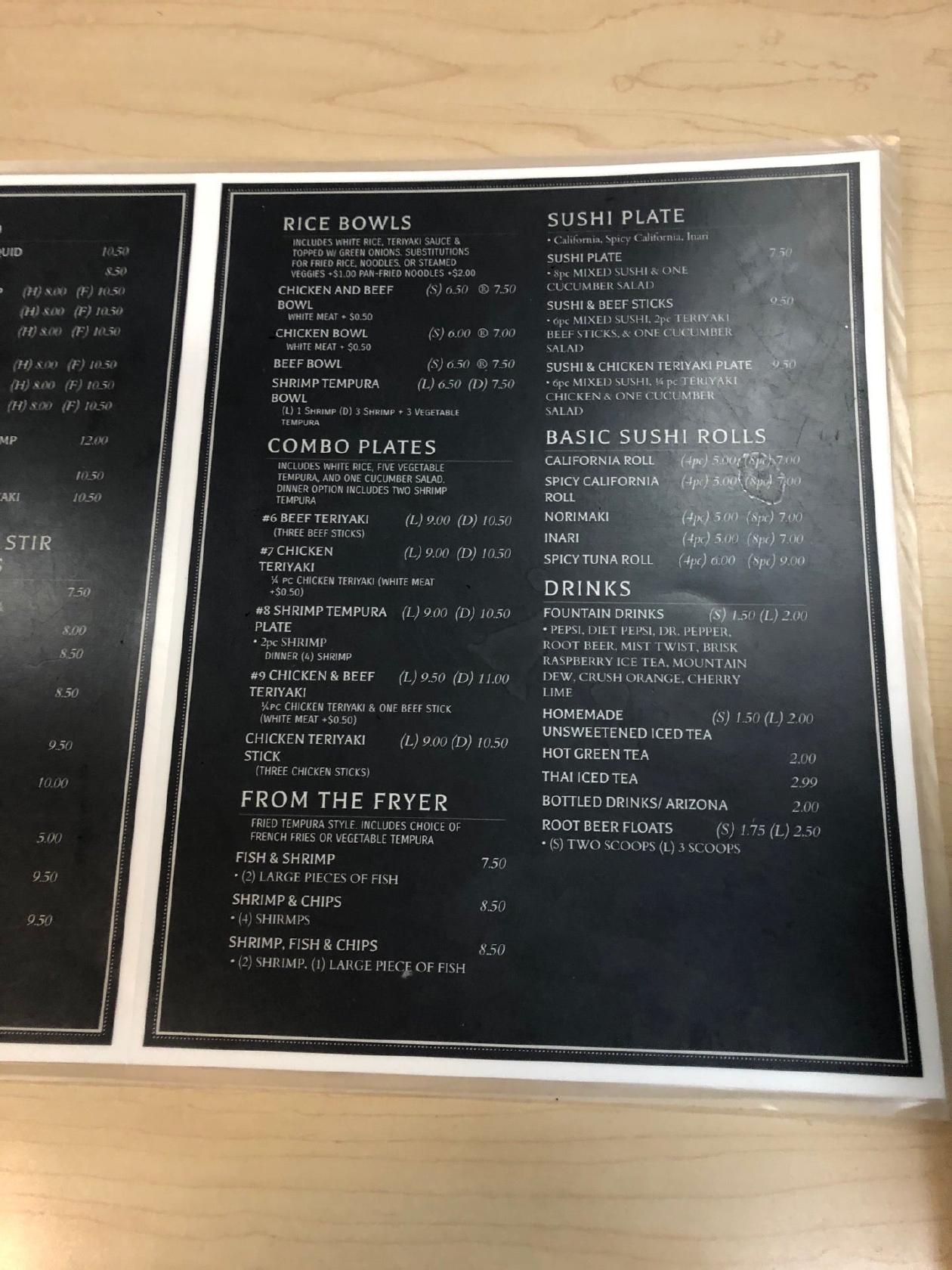 Menu at Dai-Ichi restaurant, Clovis, Shaw Ave