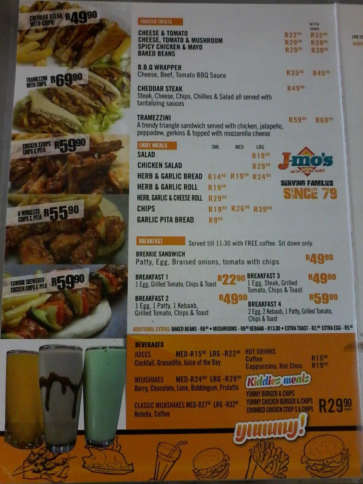 Menu at J-mo's overport sasol restaurant, Durban, 465 Randles Rd