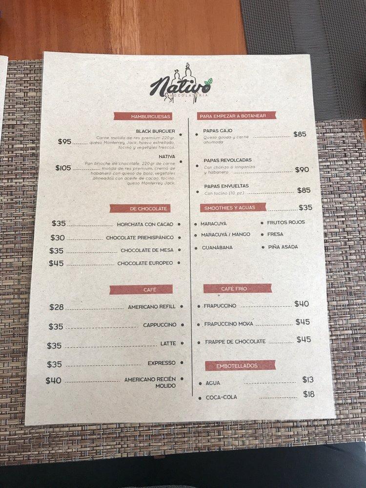 Menu at Nativo Chocolateria restaurant, Chetumal