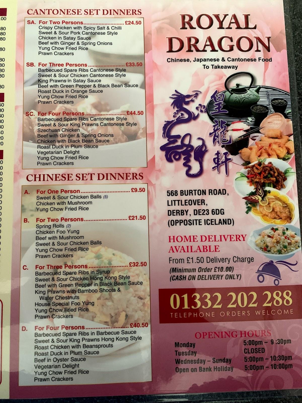 Menu at The Royal Dragon Chinese Takeaway fast food, Derby