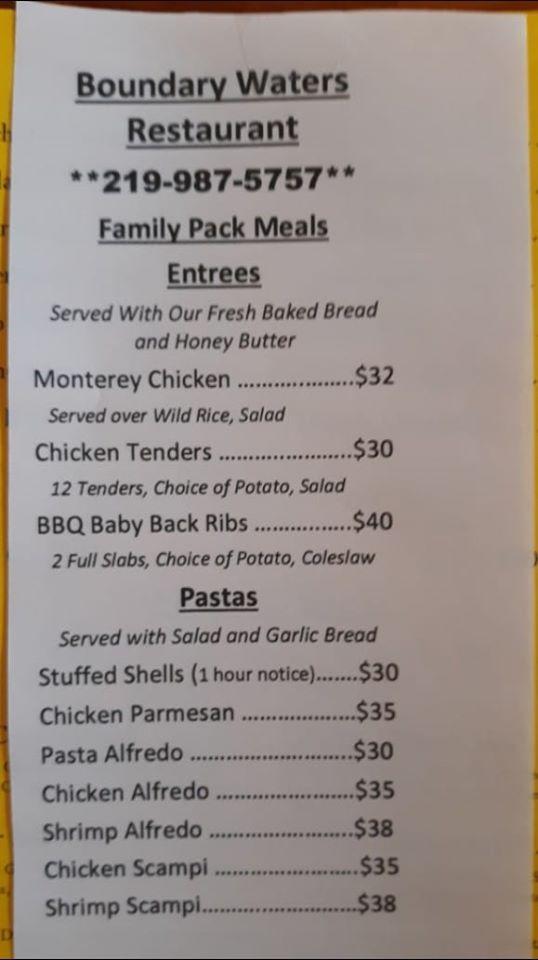 Menu at Boundary Waters Restaurant, De Motte