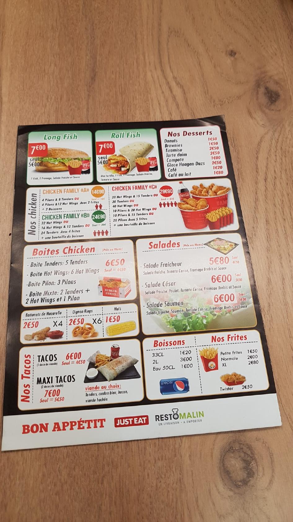 Menu at Burger Family restaurant, Lille