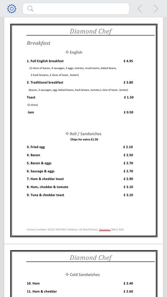 Menu at Diamond Chef restaurant, Daventry