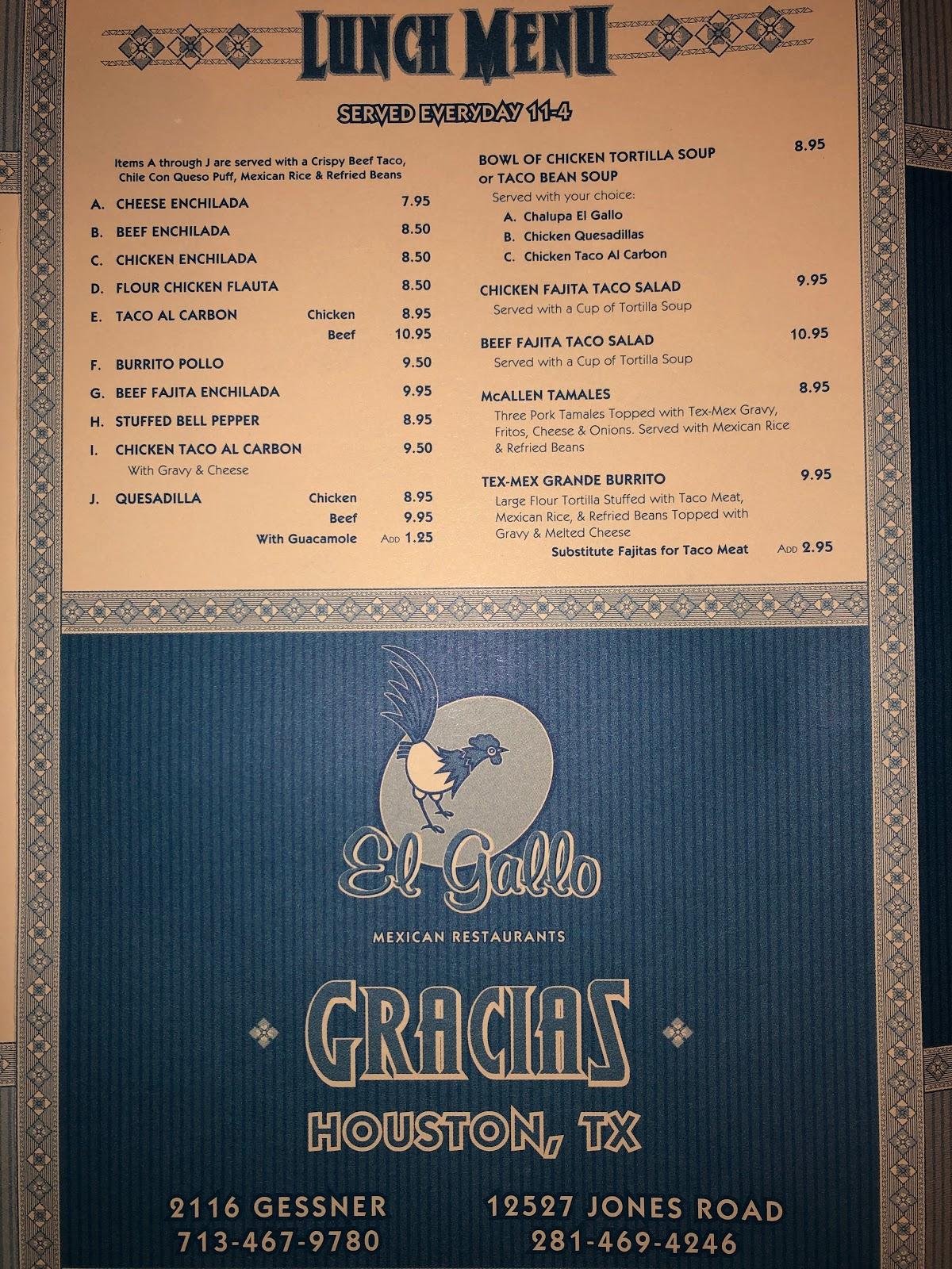 Menu at El Gallo restaurant, Houston, Jones Rd