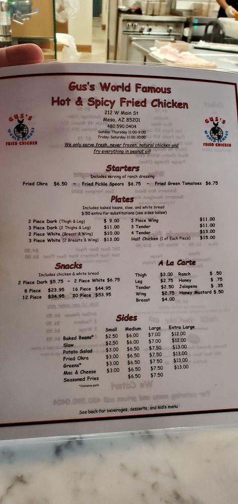 Menu at Gus's World Famous Fried Chicken restaurant, Mesa
