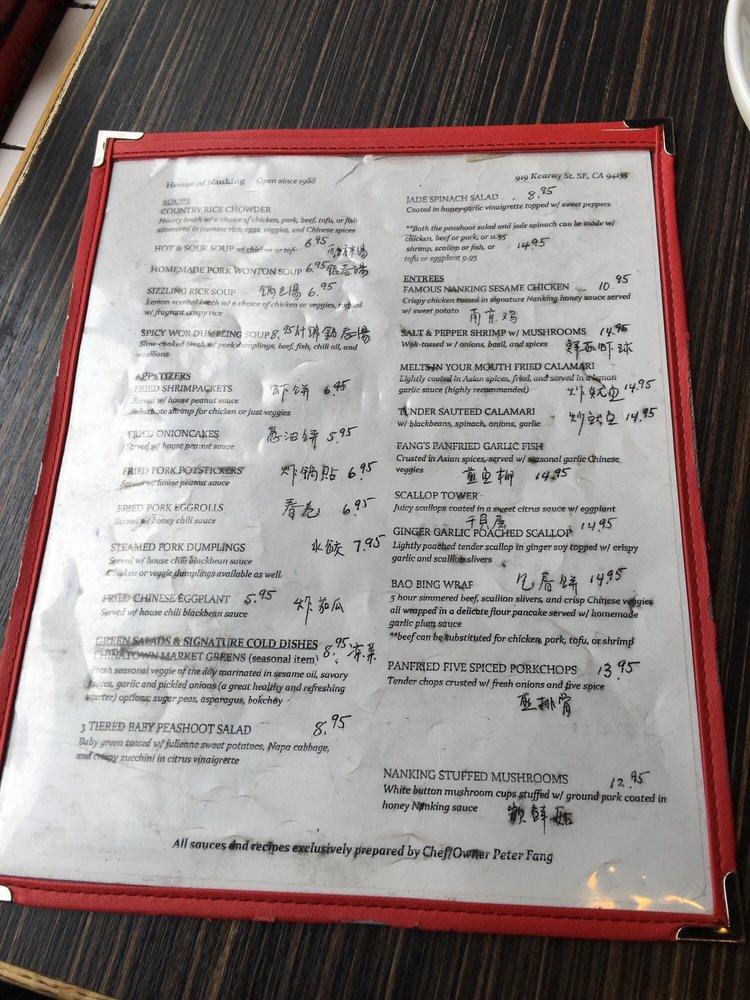 Menu at House of Nanking restaurant, San Francisco