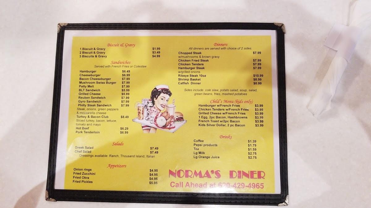 Menu at Norma's Diner restaurant, Columbus, 126 S Kansas Ave