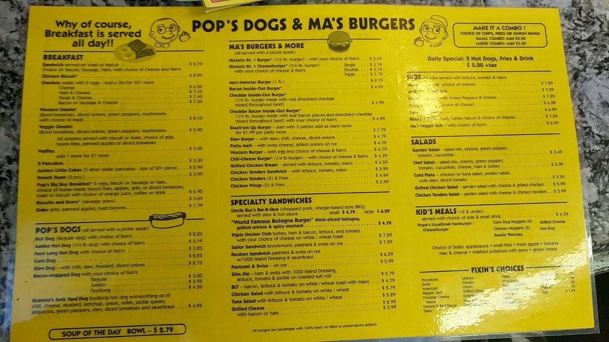 Menu at Pop's Dogs & Ma's Burgers restaurant, Richmond