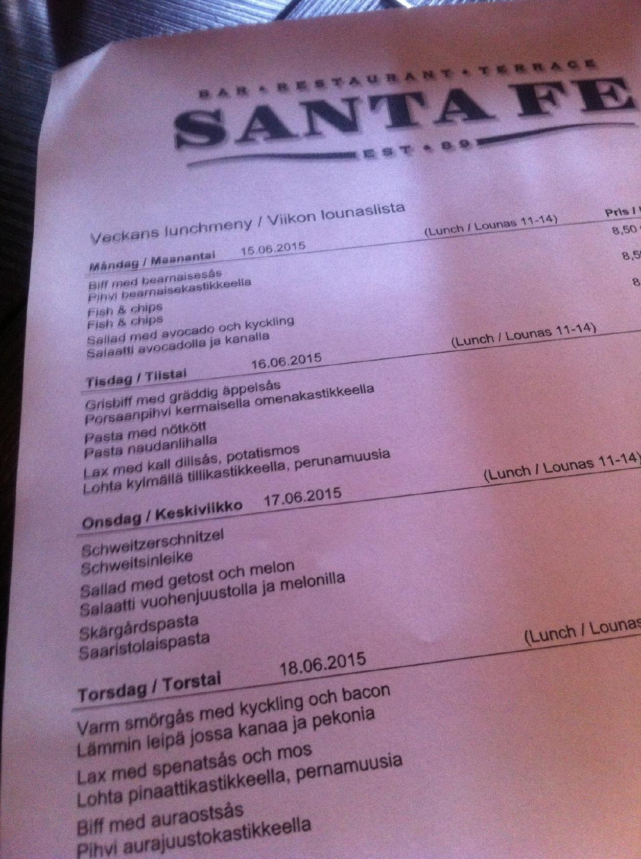 Menu at Pub Santa Fe, Ekenäs