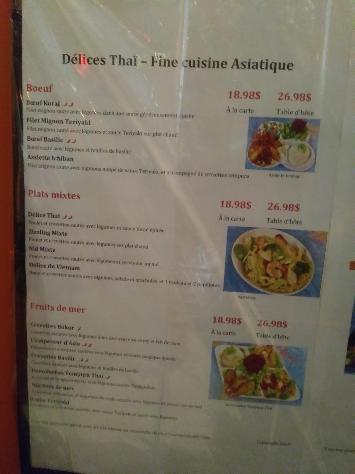 Menu au Restaurant Délices Thaï, Québec