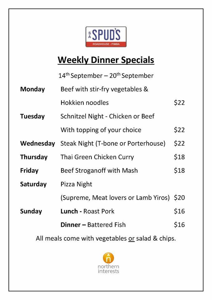 Menu at Spud's Roadhouse Pimba SA restaurant, Pimba