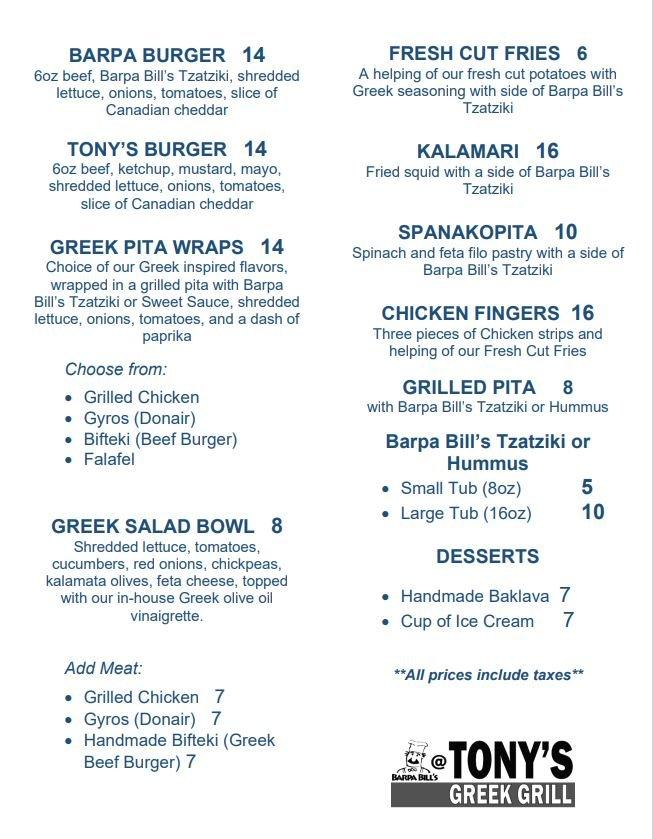 Menu at Barpa Bill's at Tony's Greek Grill, Fairmont Hot Springs