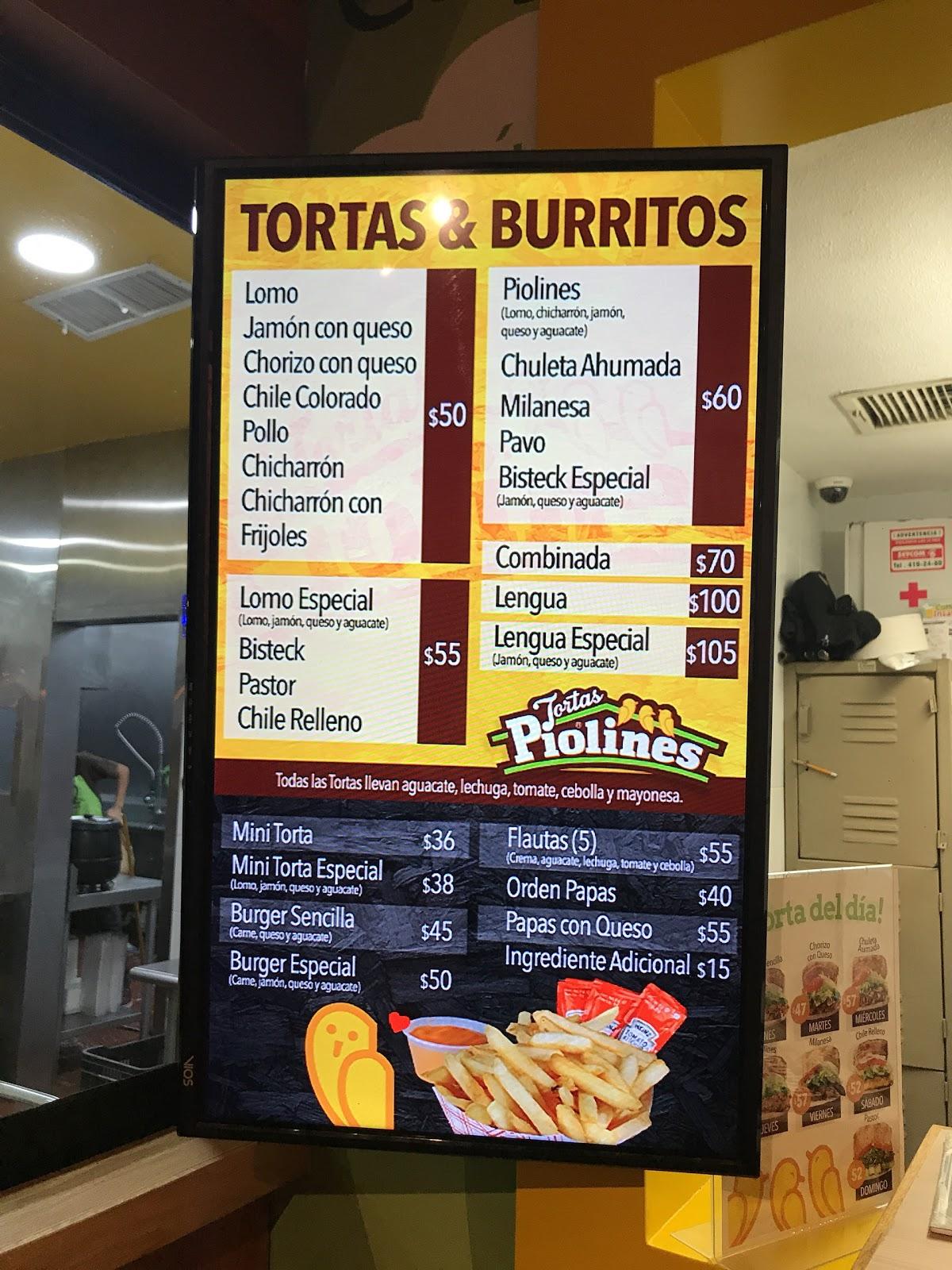 Carta del restaurante Tortas Piolines, Chihuahua, Av. Glandorf 3701
