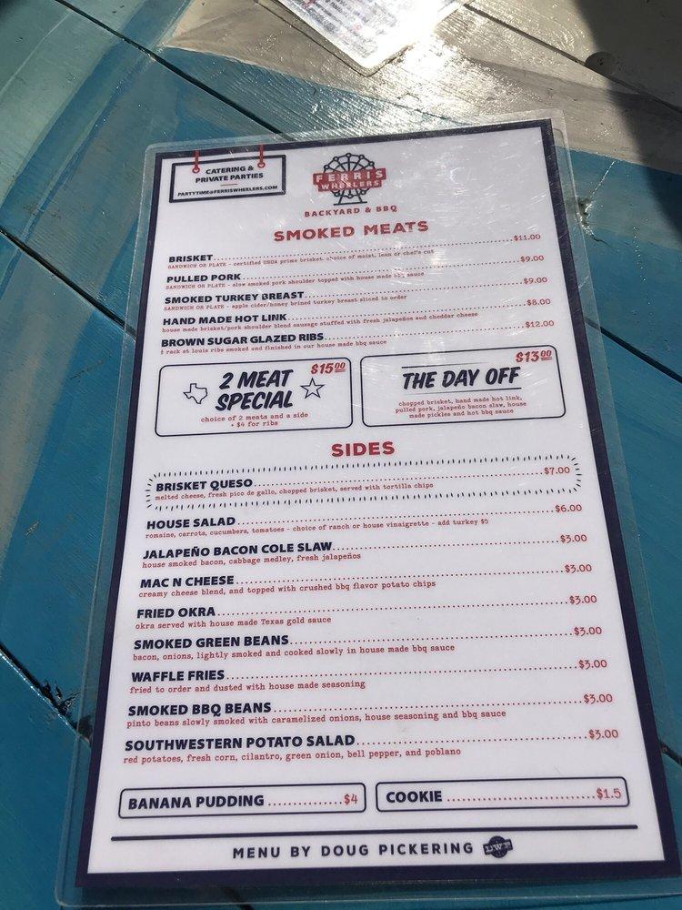 Menu at Ferris Wheelers Backyard and BBQ, Dallas