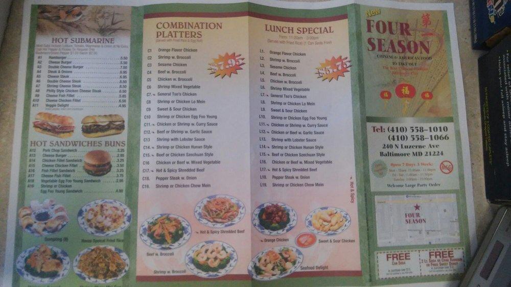 Menu at Four Seasons Chinese Food and Sandwiches restaurant, Baltimore
