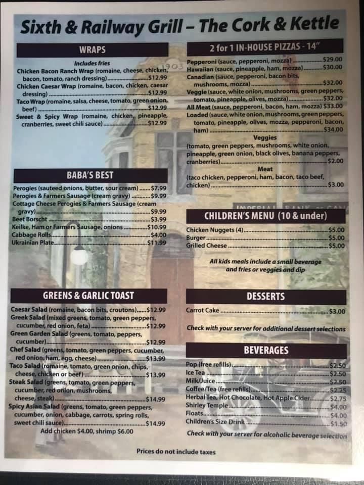 Menu at Sixth & Railway Grill restaurant, Rosthern