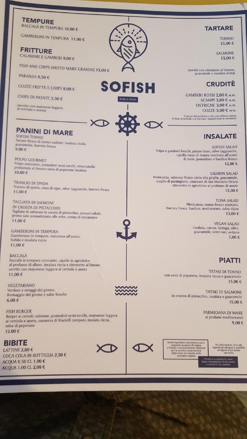 Menu da SoFish fast food, Otranto