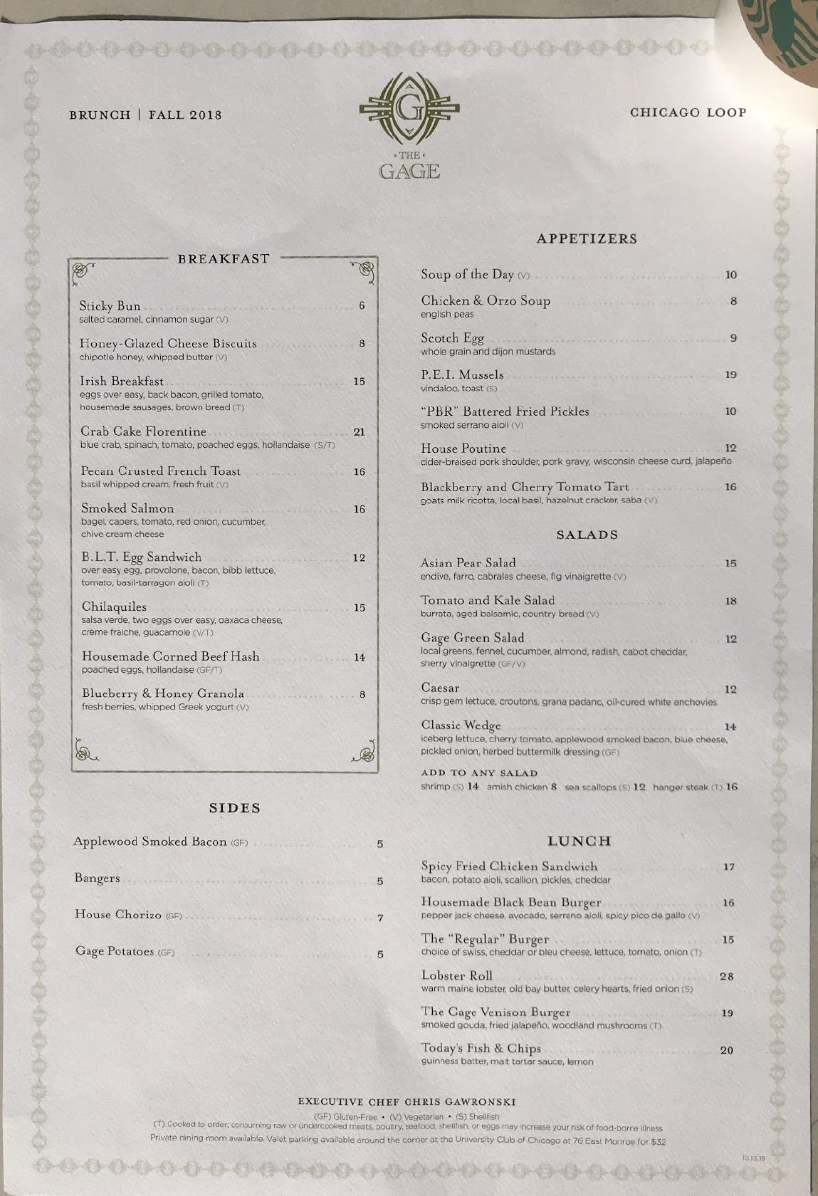 Menu at The Gage pub & bar, Chicago
