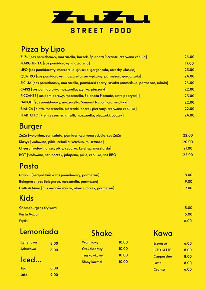 Menu at ZuZu restaurant, Zukowo