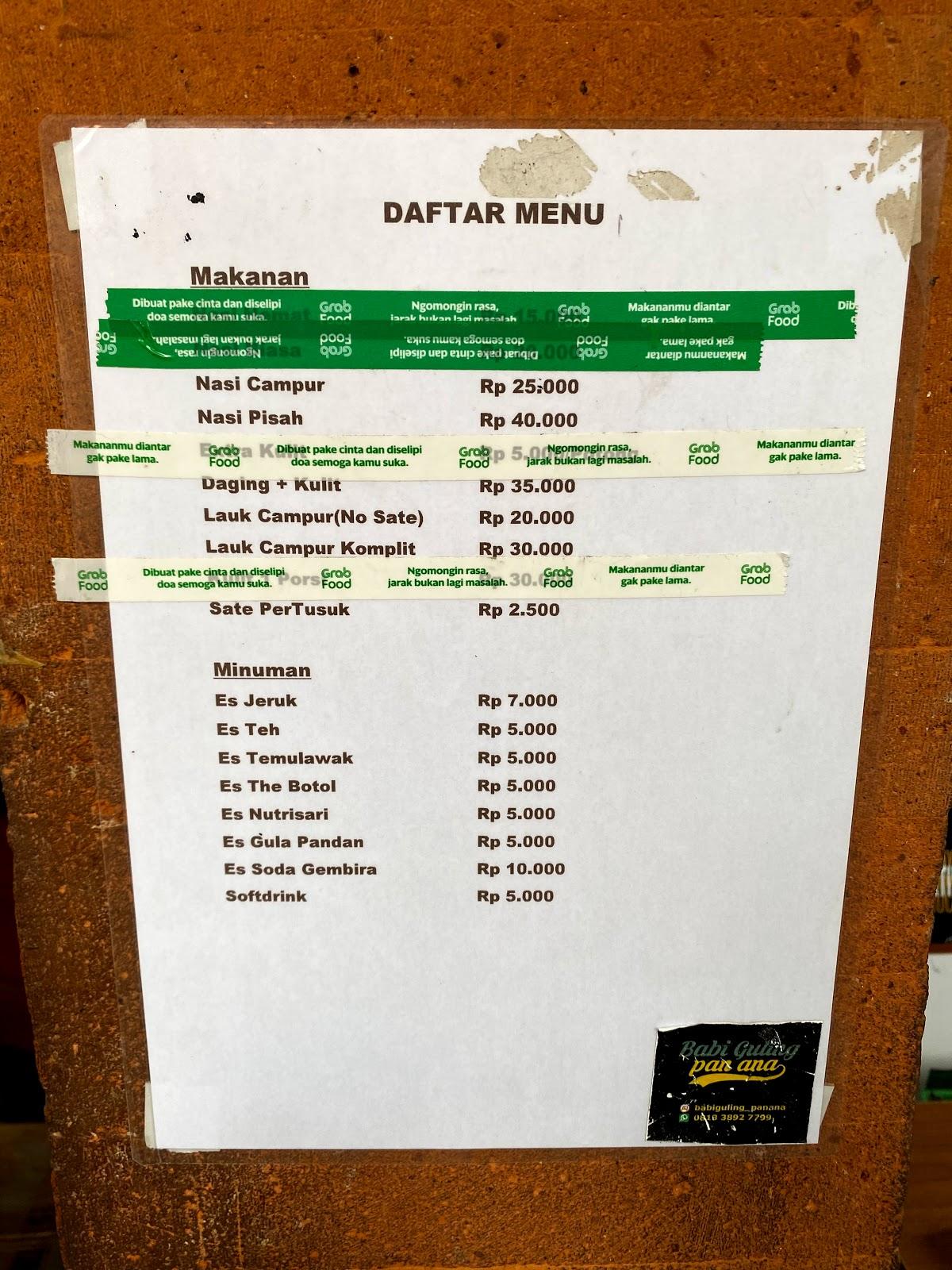 Menu at Babi Guling Pan Ana restaurant, Denpasar
