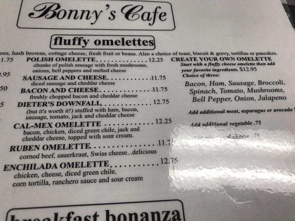 Menu at Bonny's Cafe, El Cajon