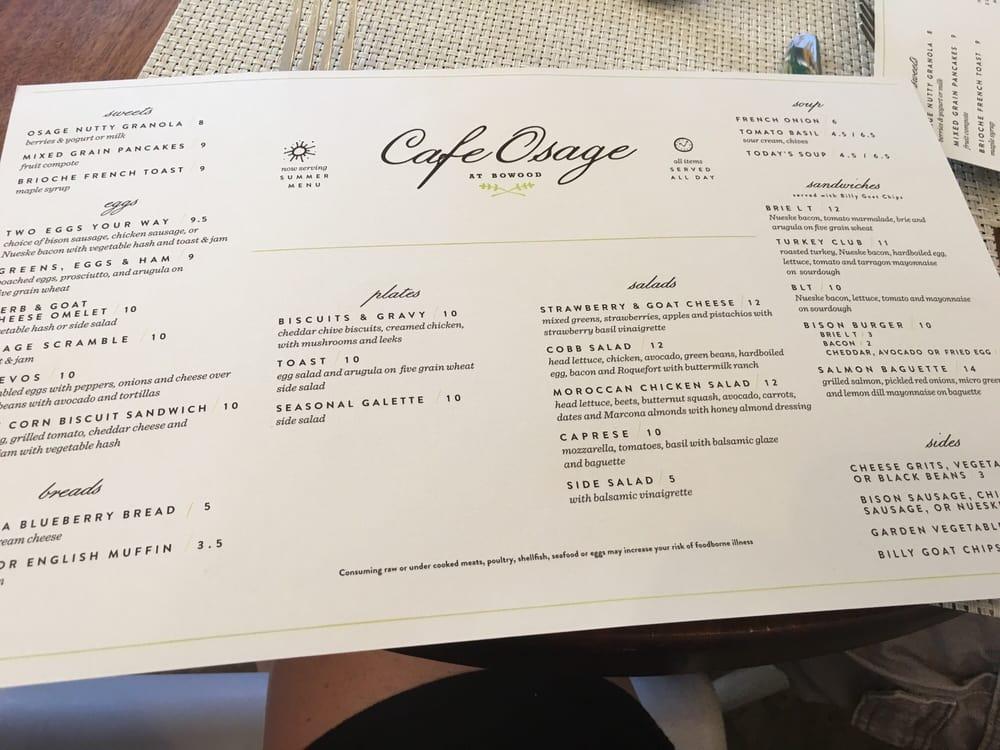 Menu at Cafe Osage, St. Louis