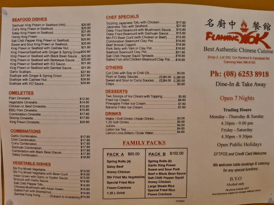 Menu at Flaming Wok Restaurant, Canning Vale, 2/333 Ranford Rd