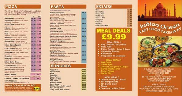 Menu at Indian Ocean Portstewart fast food, Portstewart