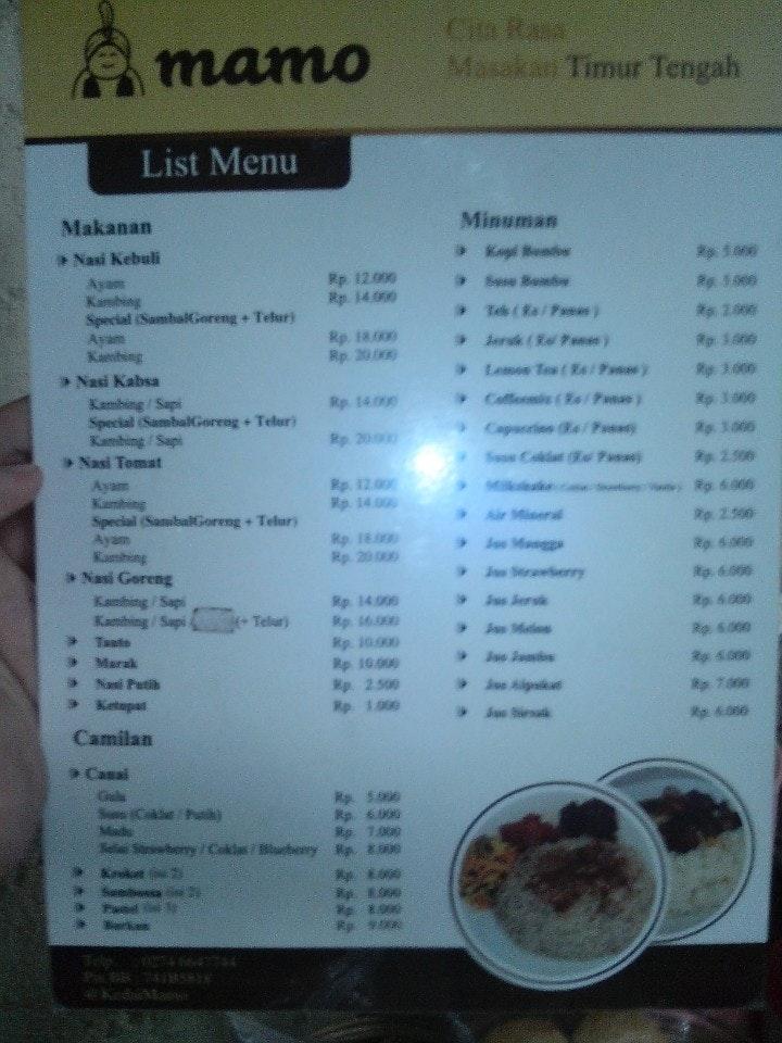 Menu at Mamo - Cita Rasa Masakan Timur Tengah restaurant, Yogyakarta