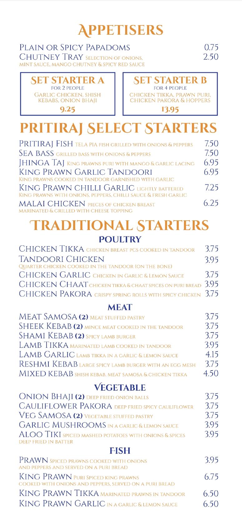 Menu at Pritiraj Bar & Indian Dining, Blackburn