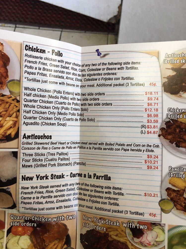 Menu at Pollo A La Brasa restaurant, Los Angeles, 764 S Western Ave
