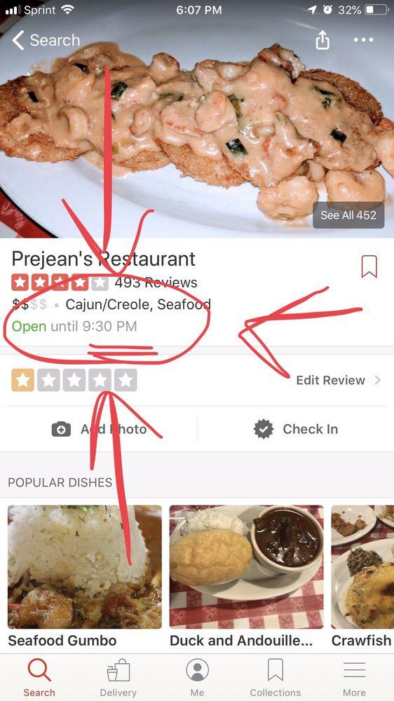 Menu at Prejean's Restaurant Carencro, Lafayette, NE Evangeline Thruway